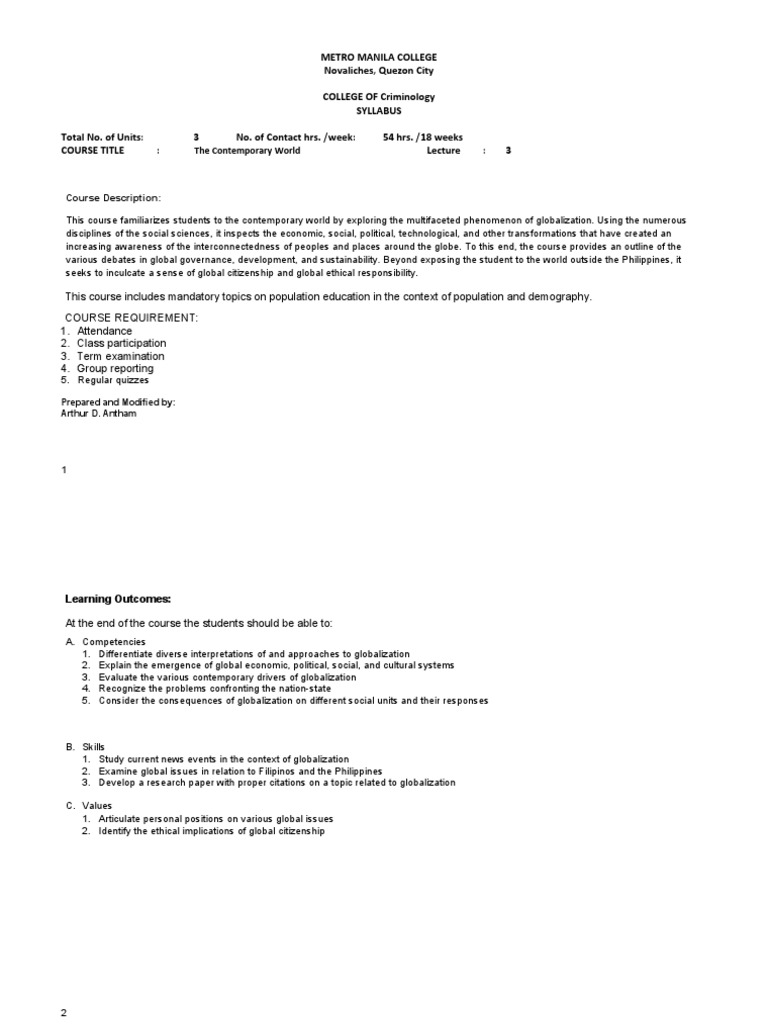 The-Contemporary-World Syllabus (Edited) | PDF | Globalization | World ...