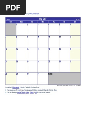 Printable Monthly Calendar May 2017 2017 Printable Calendar PDF Or