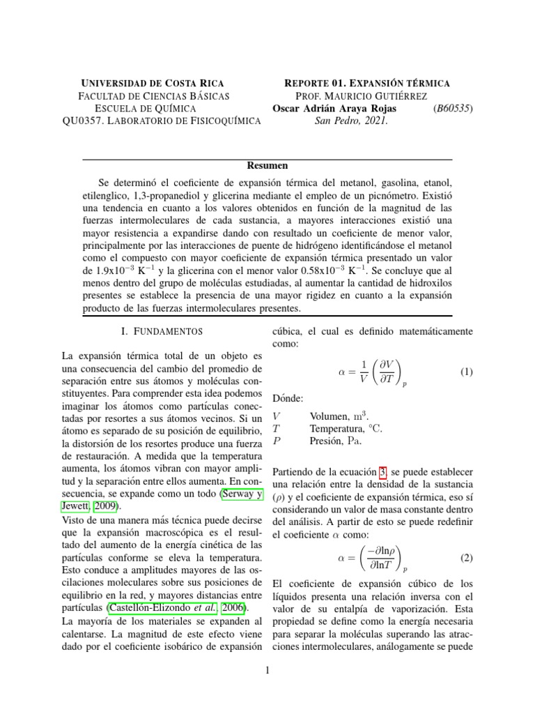 Informe FQ Expansi N T Rmica de L Quidos | PDF | Densidad | Fuerza intermolecular