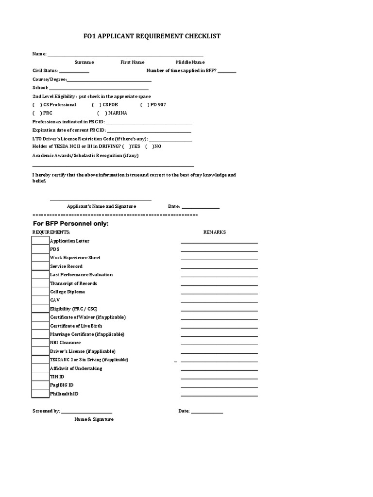 Fo1 Applicant Requirement Checklistttt | PDF