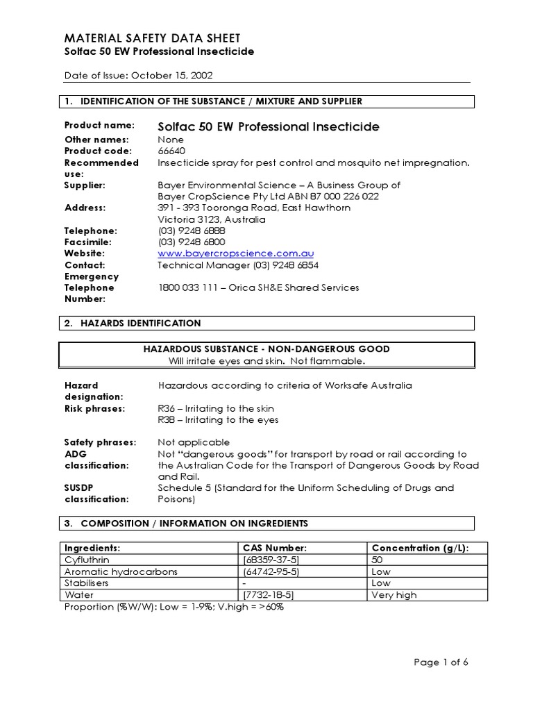 Material Safety Data Sheet: Solfac 50 EW Professional Insecticide | PDF ...