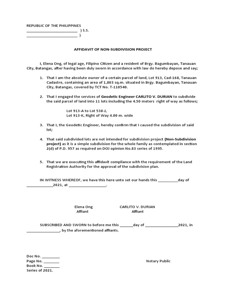 Affidavit Od Non-Subdivision | PDF