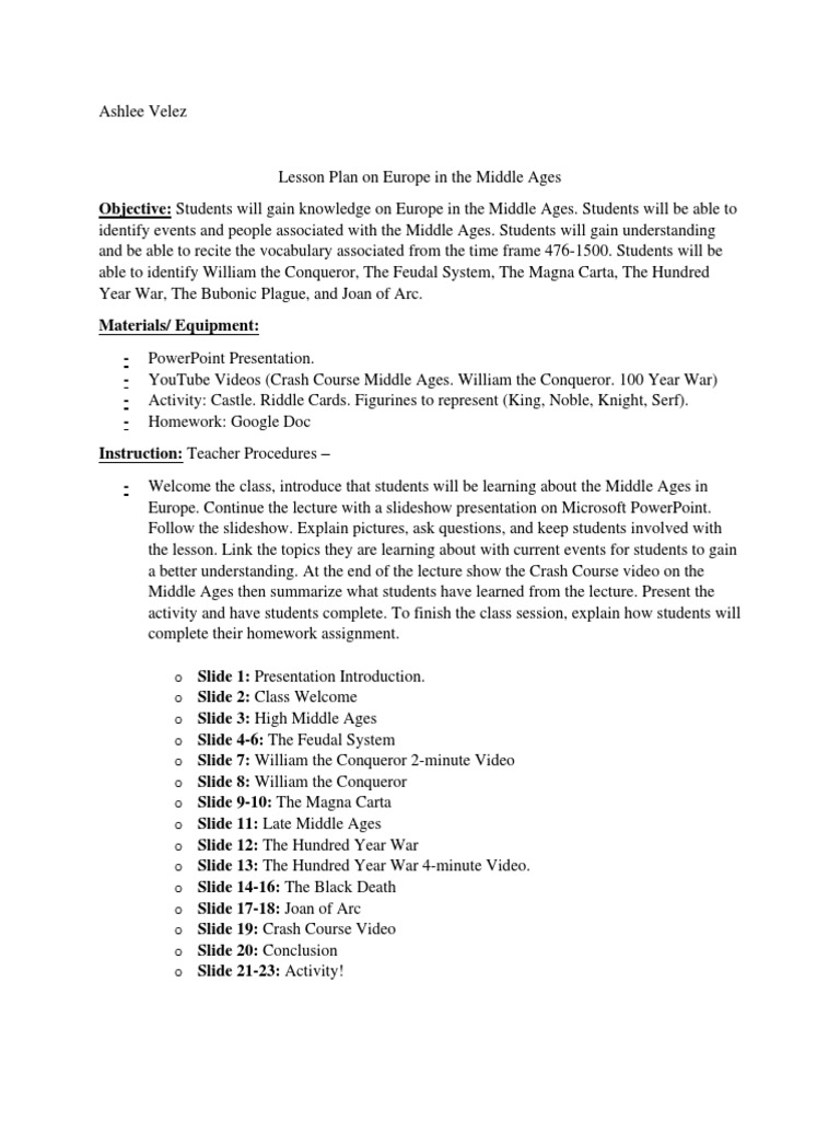 Lesson Plan Final Middle Ages | PDF | Lesson Plan | Lecture