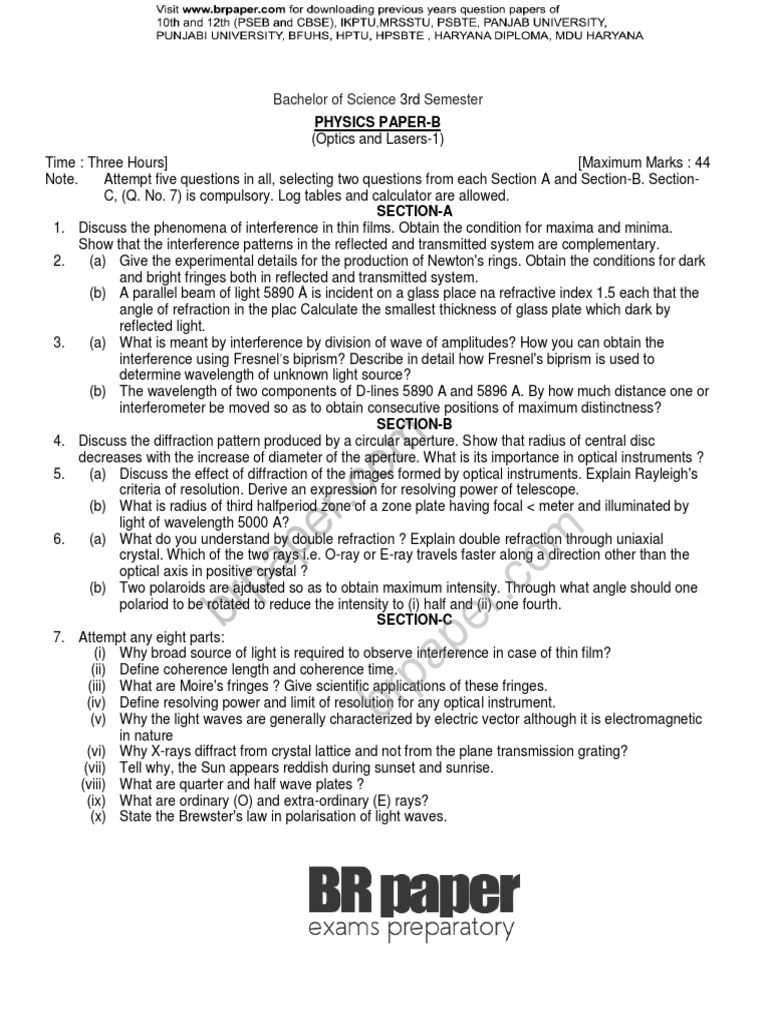 Optics and Lasers-1 Exam Paper | PDF | Angular Resolution | Optics