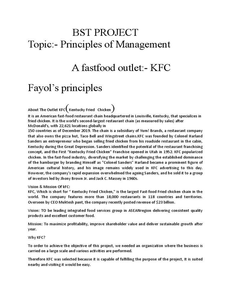 BST Project Topic:-Principles of Management A Fastfood Outlet: - KFC ...