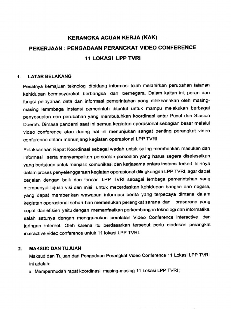 KAK Pengadaan Perangkat Video Conference 11 Lokasi LPP TVRI | PDF