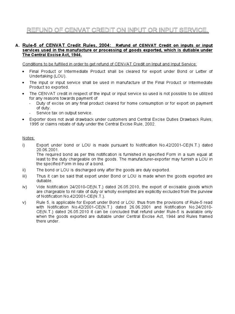 Note On Refund of CENVAT Credit | PDF | Tax Refund | Taxation