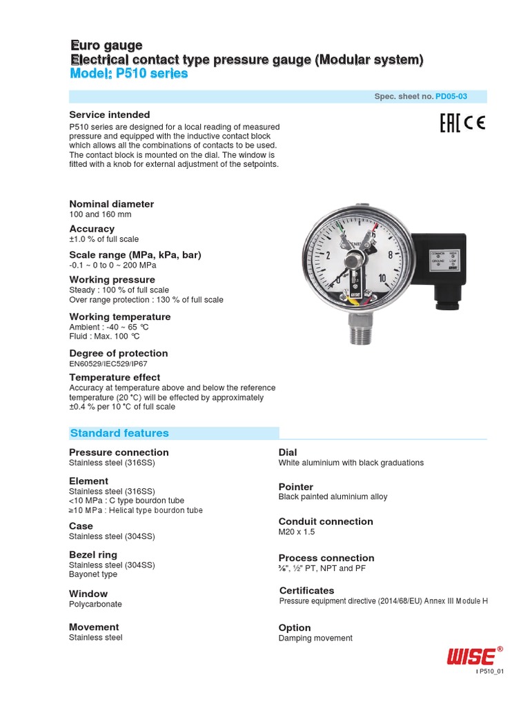 Model: P510 Series: Euro Gauge Electrical Contact Type Pressure Gauge ...