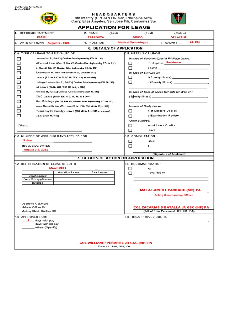 CS Form No. 6, Revised 2020 (Leave Application) (Fillable) | PDF ...