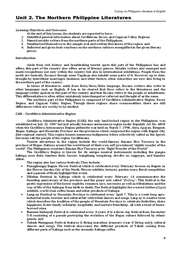 SURVEY OF PHILIPPINE LITERATURE Region-1-7 | PDF