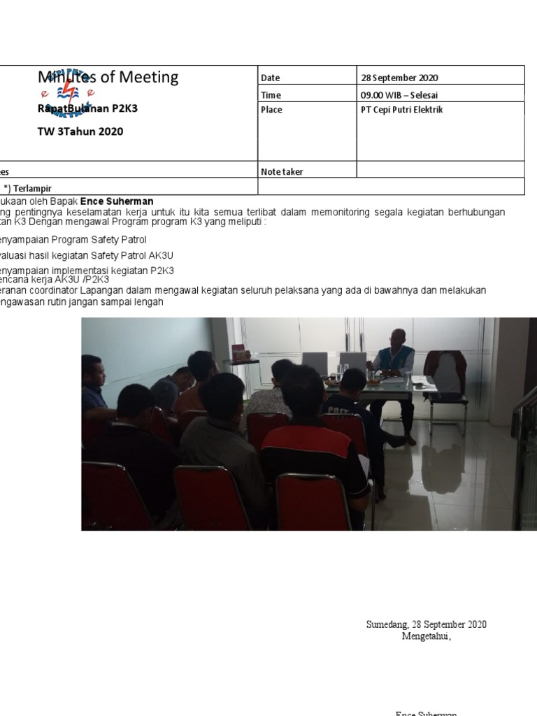 Notulen Rapat Bulanan P2K3 2020 | PDF