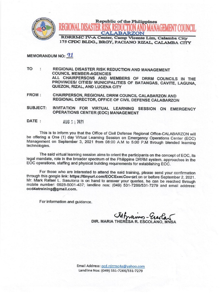 RDRRMC Memo No. 91 | PDF