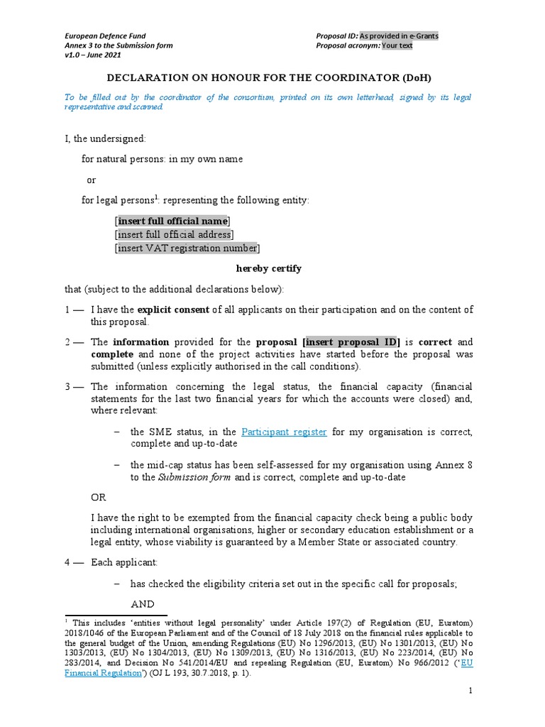 Declaration On Honour For The Coordinator (Doh) | PDF | European Union ...