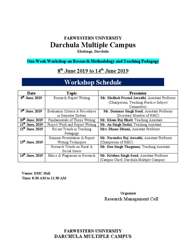 A Week Workshop Schedule | PDF | Science | Academia