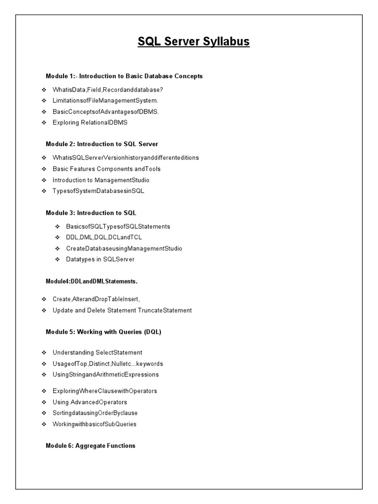 SQL Server Syllabus: Module 1:-Introduction To Basic Database Concepts | PDF | Information ...