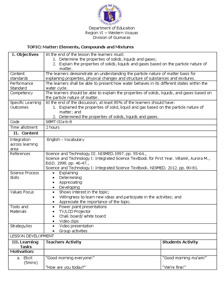 TOPIC: Matter: Elements, Compounds and Mixtures I. Objectives | PDF ...