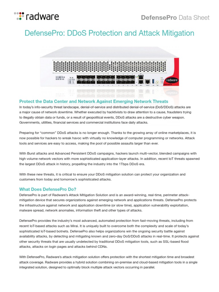Radware DefensePro Datasheet | PDF | Denial Of Service Attack | Cloud Computing