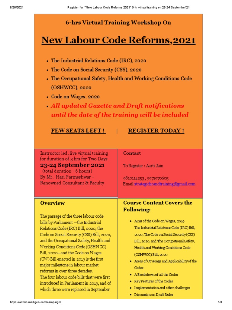 New Labour Code Reforms, 2021: 6-hrs Virtual Training Workshop On | PDF ...
