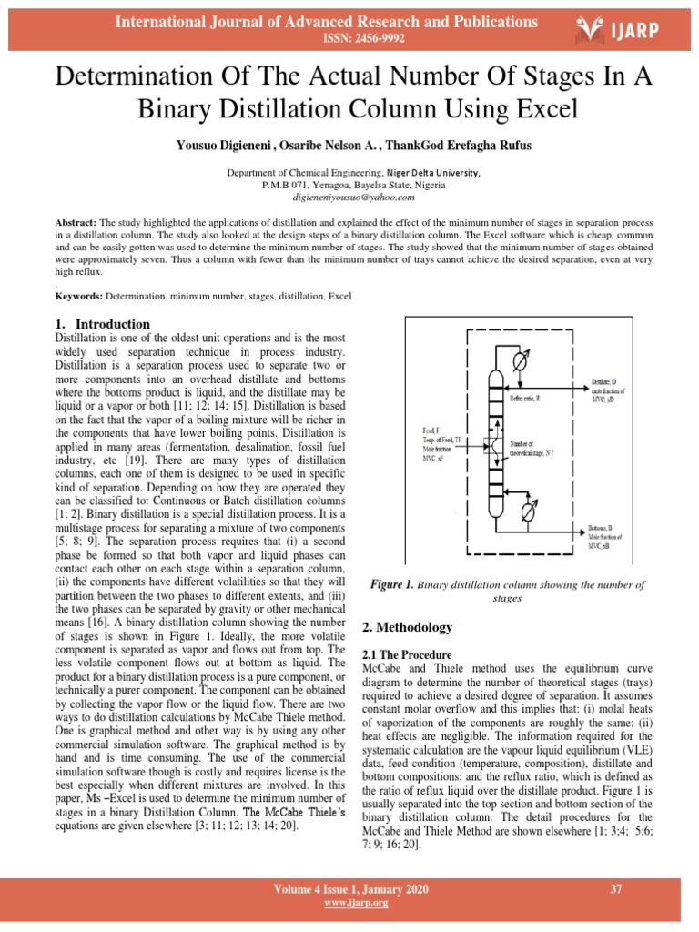 Determination of The Actual Number of Stages in A Binary Distillation Column Using Excel | PDF ...