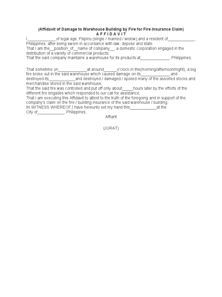 Fire Damage Affidavit for Insurance Claim | PDF