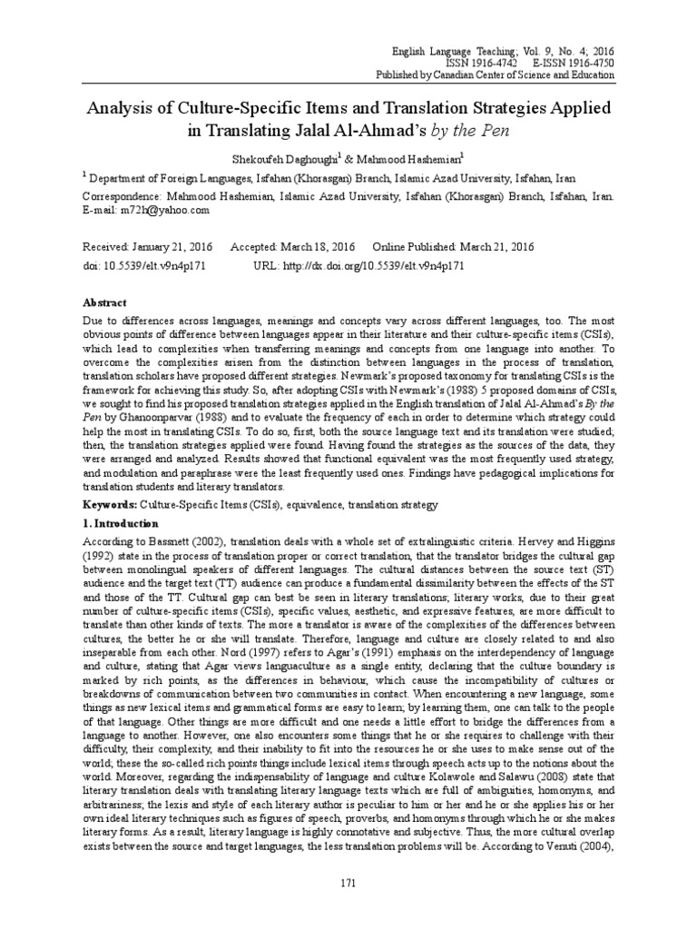 Analysis of Culture-Specific Items and Translation Strategies Applied ...