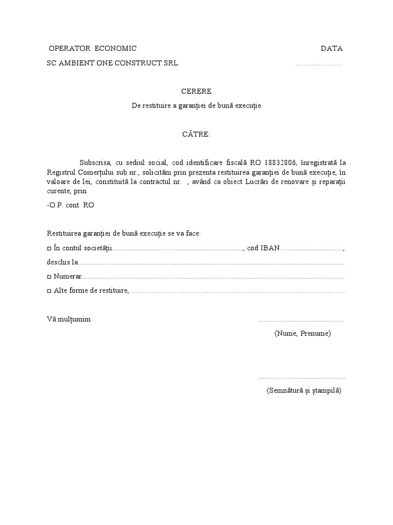 Cerere Restituire Garantie Buna Executie | PDF