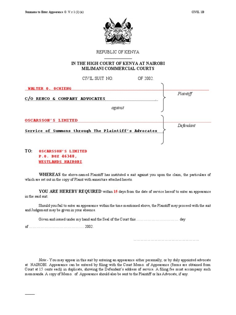 Summons To Enter Appearance - HC | PDF