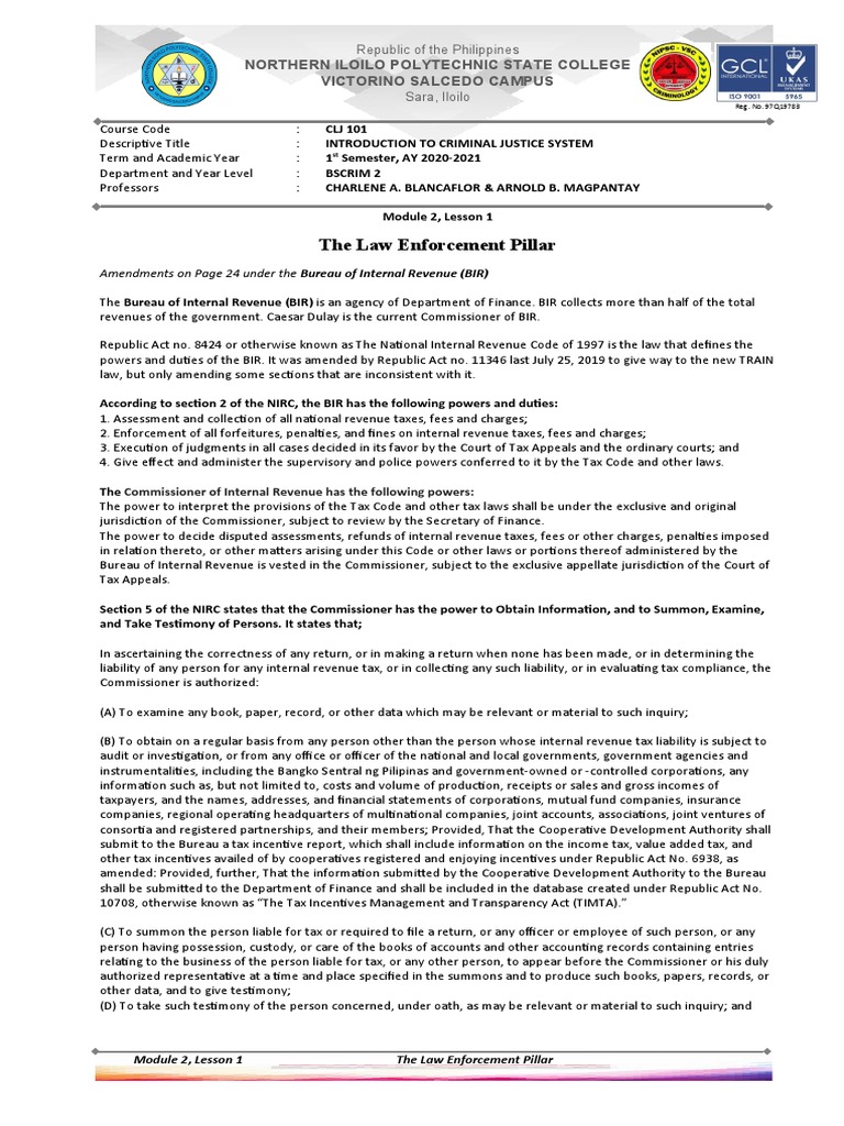 BIR, Law Enforcement Pillar Amendment | PDF | Internal Revenue Service ...