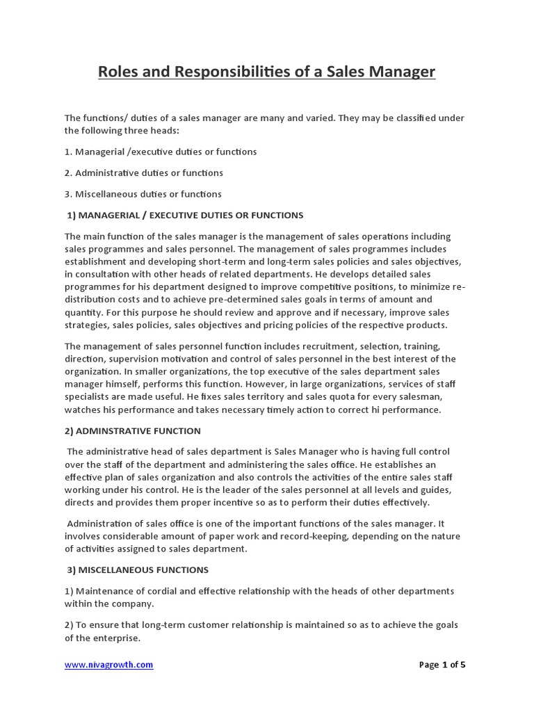 Roles and Responsibilities of A Sales Manager | PDF | Sales | Marketing ...