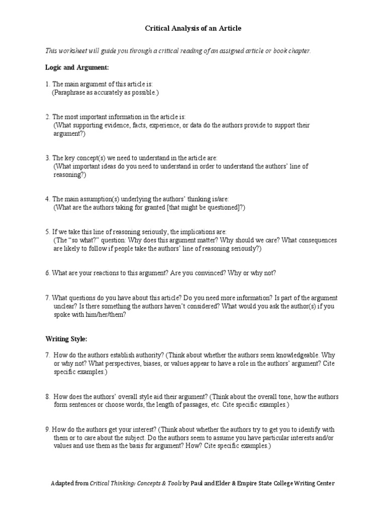 Critical Analysis Worksheet-1 | PDF | Career & Growth