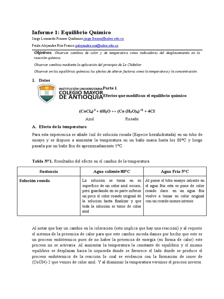 Informe P1 Equilibrio | PDF | Equilibrio químico | Reacciones químicas