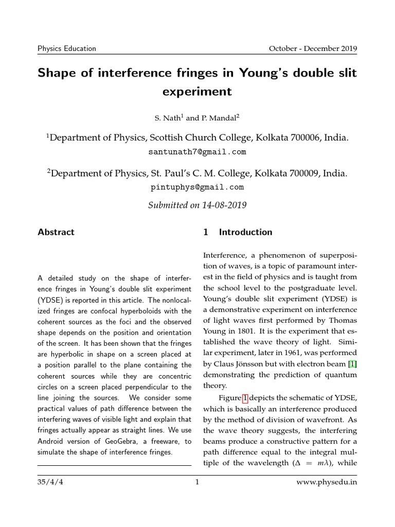 Shape of Interference Fringes in Youngs Double Slit Experiment | PDF ...