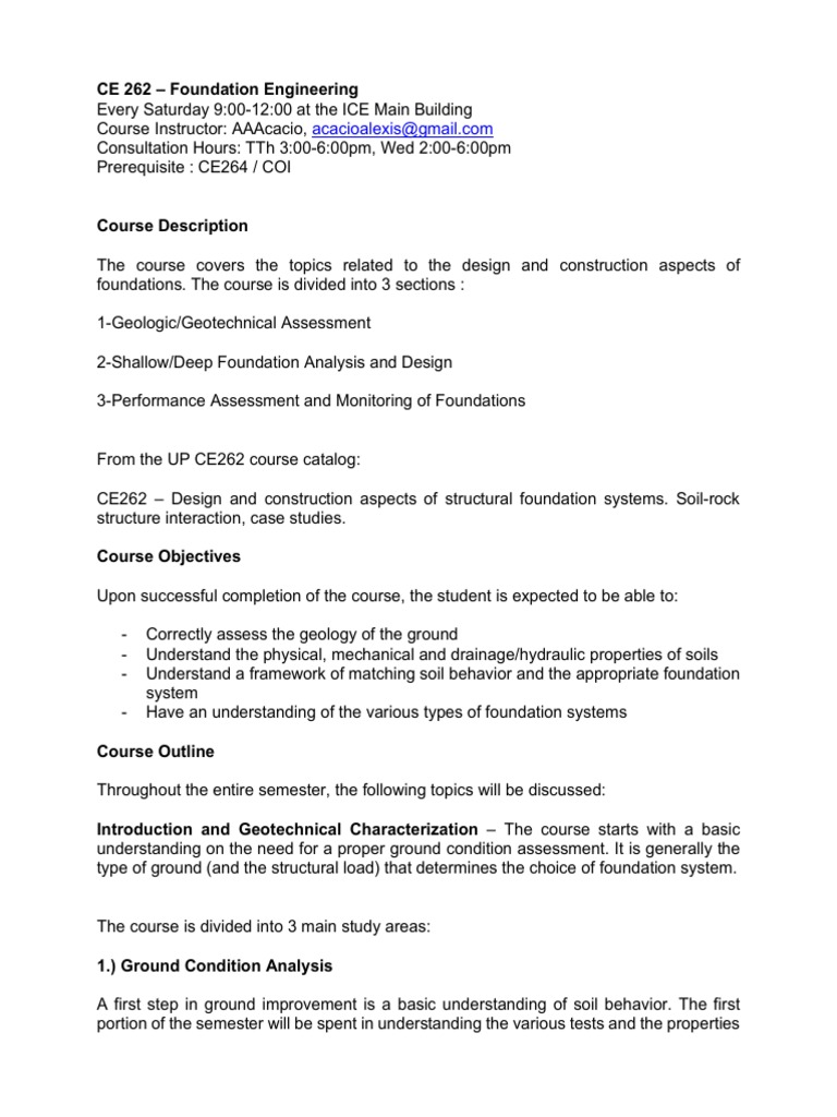 Course Outline CE262-2020 | PDF | Geotechnical Engineering | Deep ...