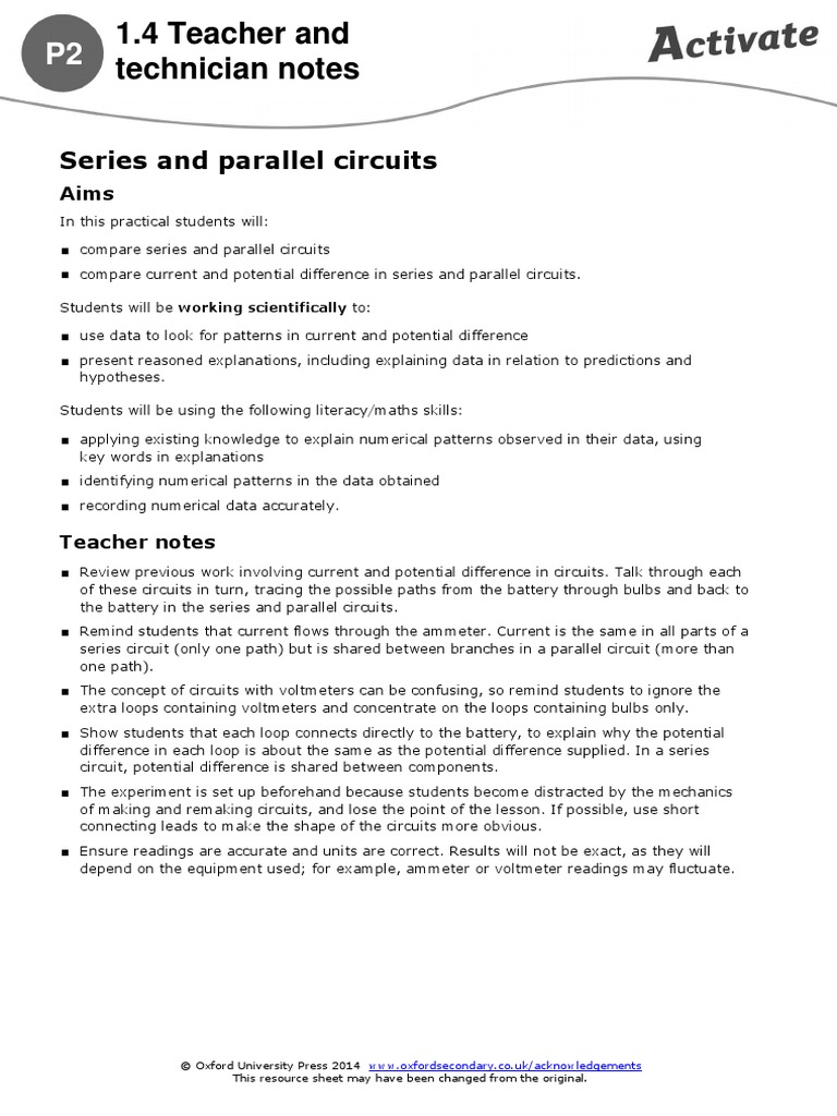 1.4 Teacher and Technician Notes: Series and Parallel Circuits | PDF ...