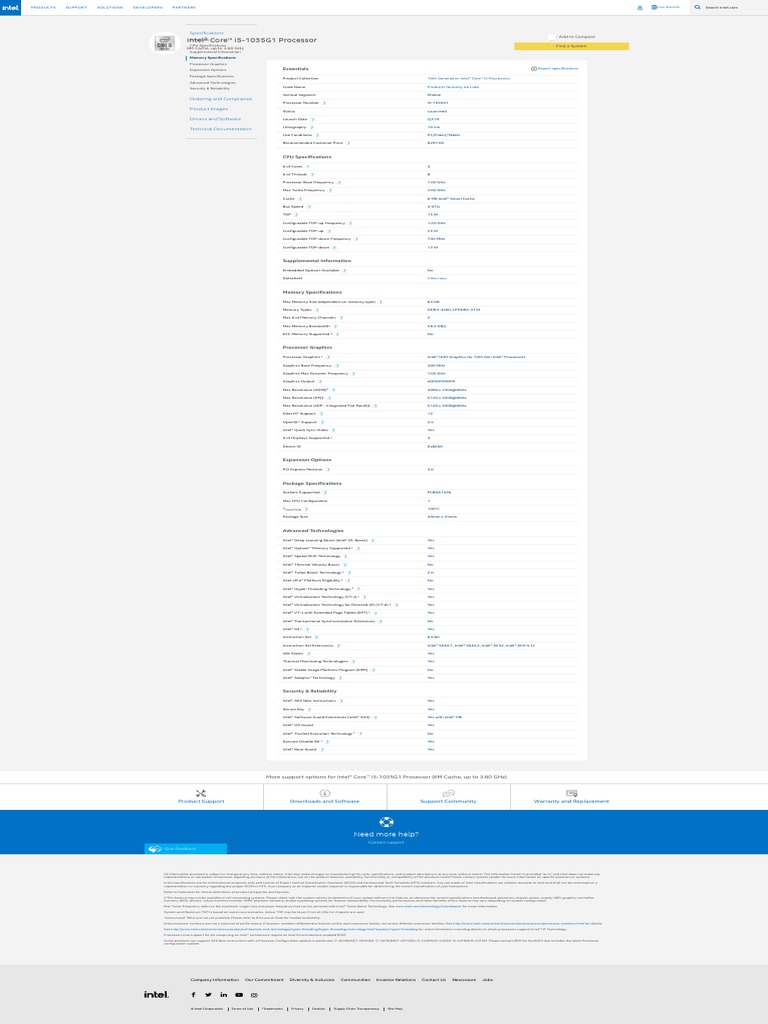 Intel® Core™ I5-1035g1 Processor (6M Cache, Up To 3.60 GHZ) Product ...