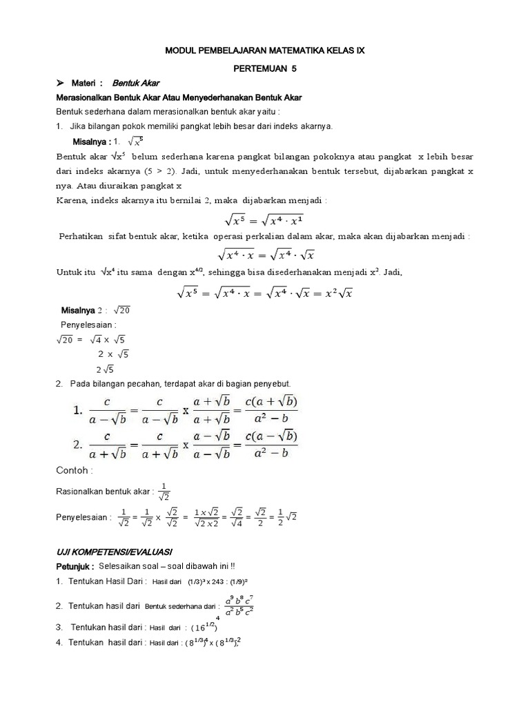 Bahan Ajar Pert.5 Merasionalkan Bentuk Akar KLS 9 GJL THN 2021 | PDF