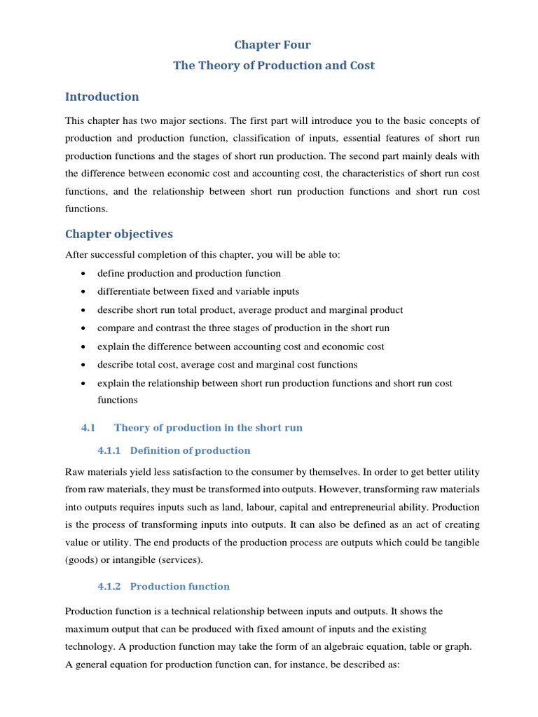 Chapter Four The Theory of Production and Cost | PDF | Production Function | Average Cost