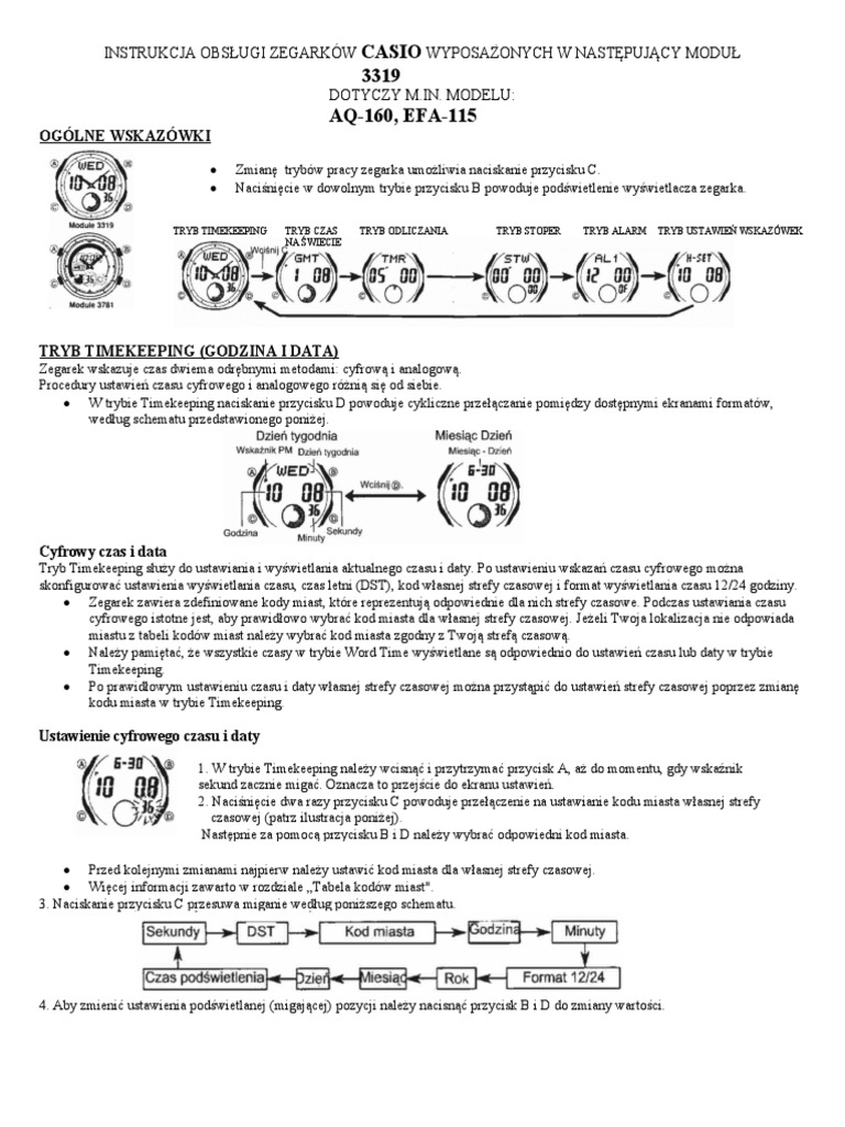 Casio 3319 AQ-160, EFA-115: Instrukcja Obsługi Zegarków Wyposażonych W ...