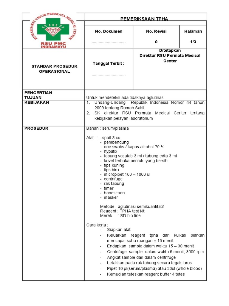 Prosedur Pemeriksaan TPHA Laboratorium | PDF