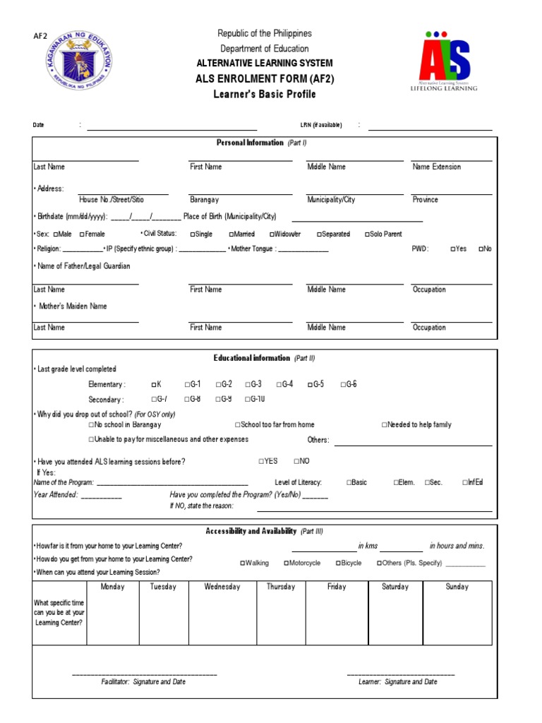 Learner's Basic Profile Als Enrolment Form (Af2) : Republic of The ...