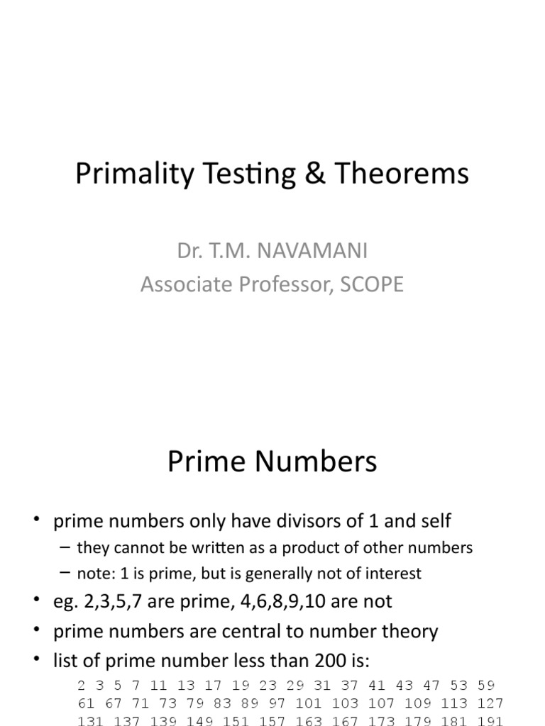 Primality Testing And Theorems Dr Tm Navamani Associate Professor Scope Pdf Prime Number 