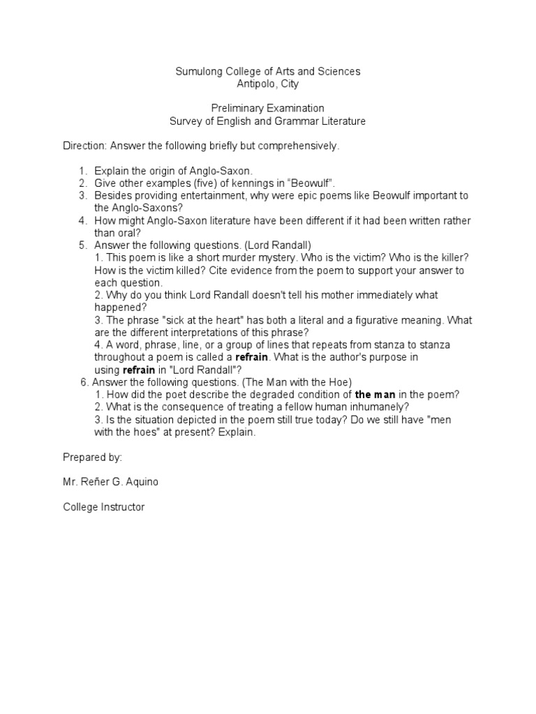 Prelim Exam Survey of English and Grammar Literature | PDF