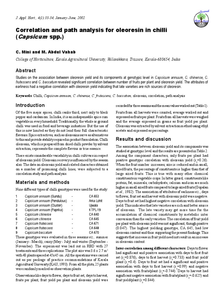 Correlation and Path Analysis For Oleoresin in Chilli | PDF | Capsicum | Chili Pepper