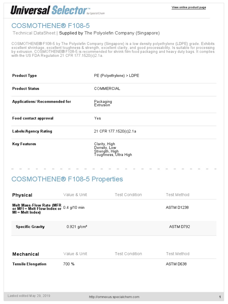 COSMOTHENE® F108-5 - The Polyolefin Company (Singapore) | PDF ...
