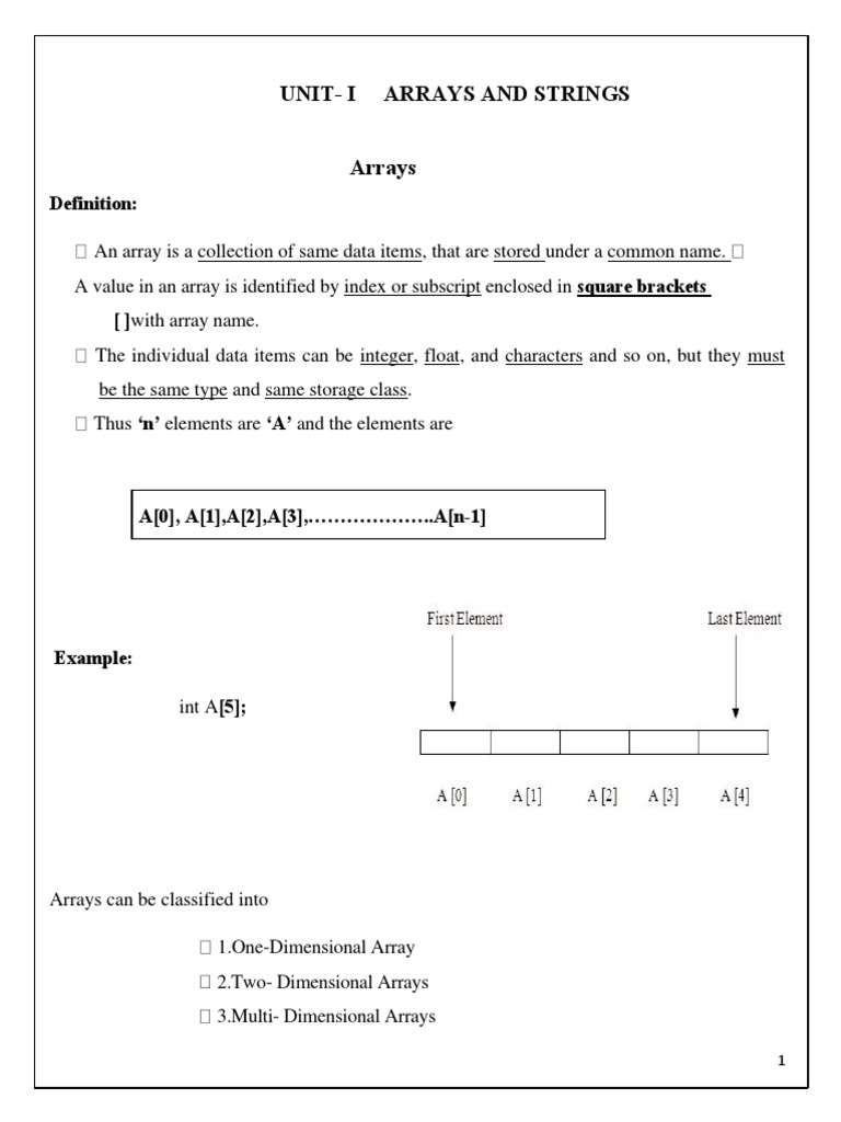 Unit I Arrays And Strings Arrays Definition Pdf Array Data