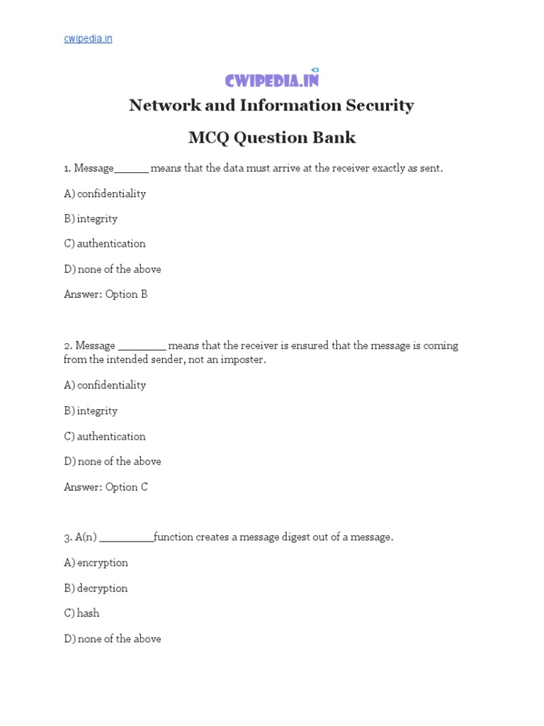 Nis MCQ Answers All | PDF | Public Key Cryptography | Key (Cryptography)