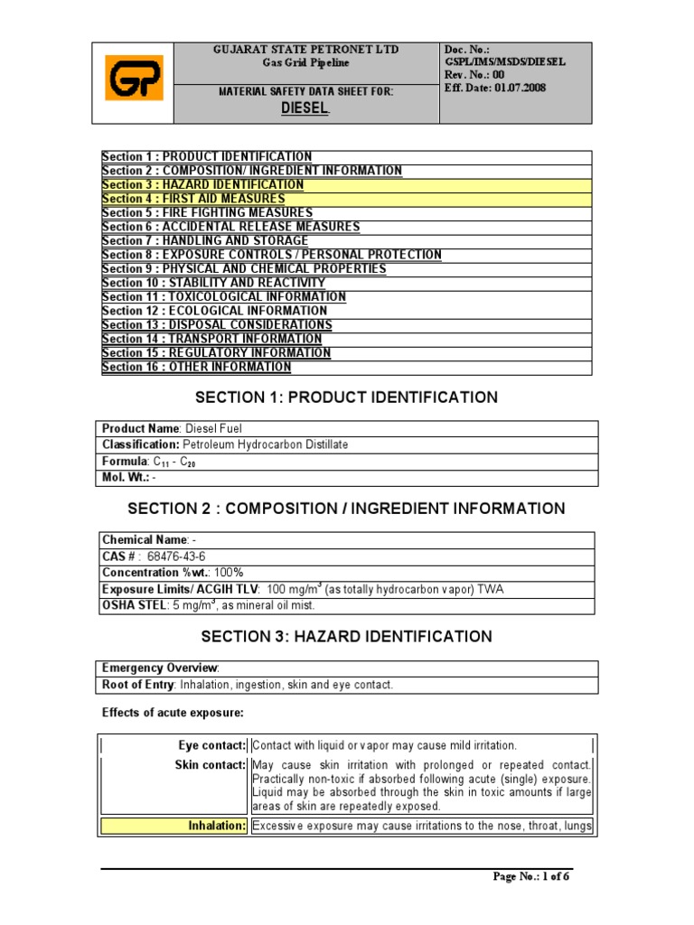 MSDS of Diesel (F) | PDF | Fires | Pipeline Transport