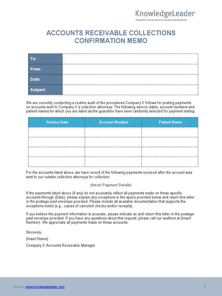 Accounts Receivable Collections Confirmation Example Letter Memo | PDF