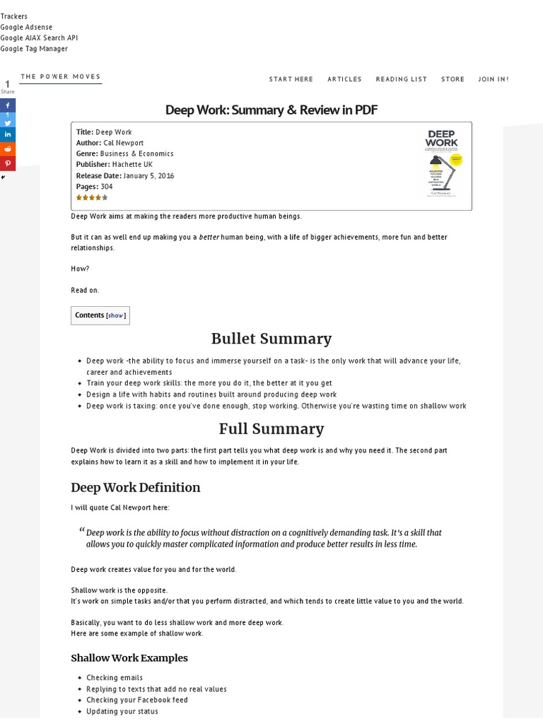 Deep Work - Summary - Review in PDF - The Power Moves | PDF | Attention ...