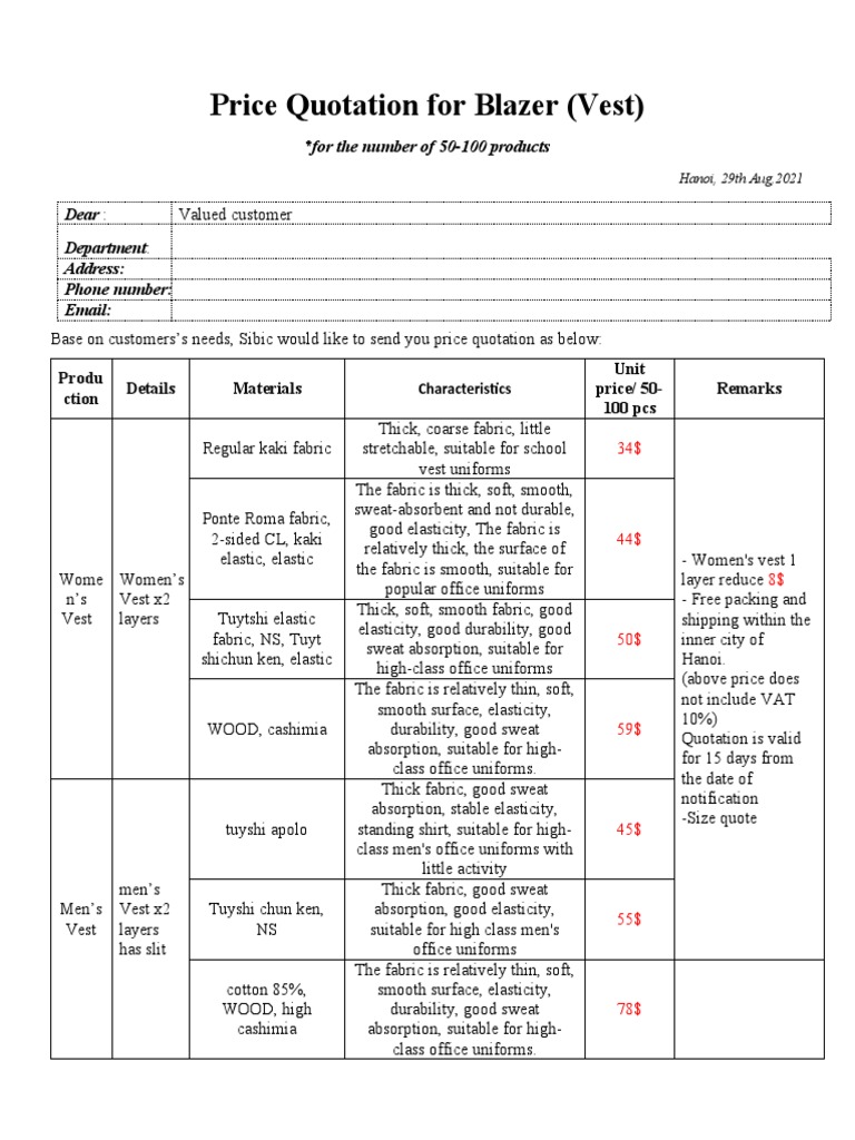 Price Quotation For Blazer (Vest) | PDF | Materials | Clothing